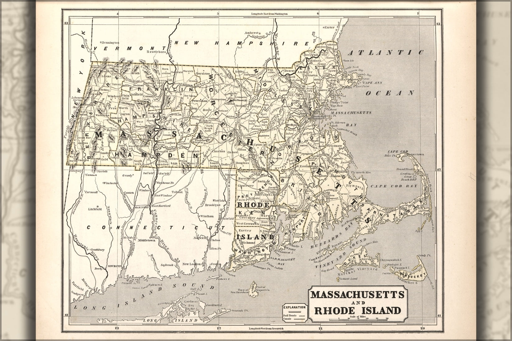 24"x36" Gallery Poster, map of Massachusetts & Rhode Island 1842 ...
