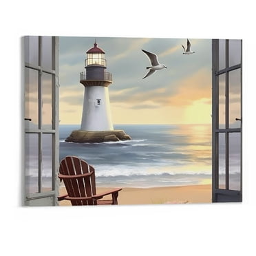 LED Lighted Lighthouse Seaside Beach Scene Canvas Wall Art 15.75" x 23. ...