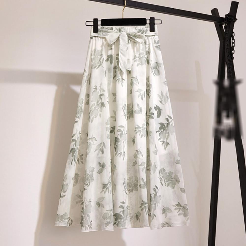 Women Bohemian Flower Long Skirt Summer Beach Sunny Skirts Floral Bow ...