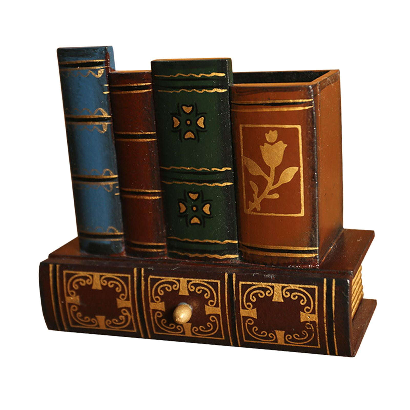 Retro Wooden Pen Holder Book Shaped Desk Organizer Case with Drawer ...