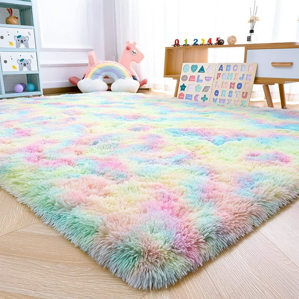 Homore Cute Fluffy Rainbow Area Rugs for Girls Room, Soft Shaggy ...