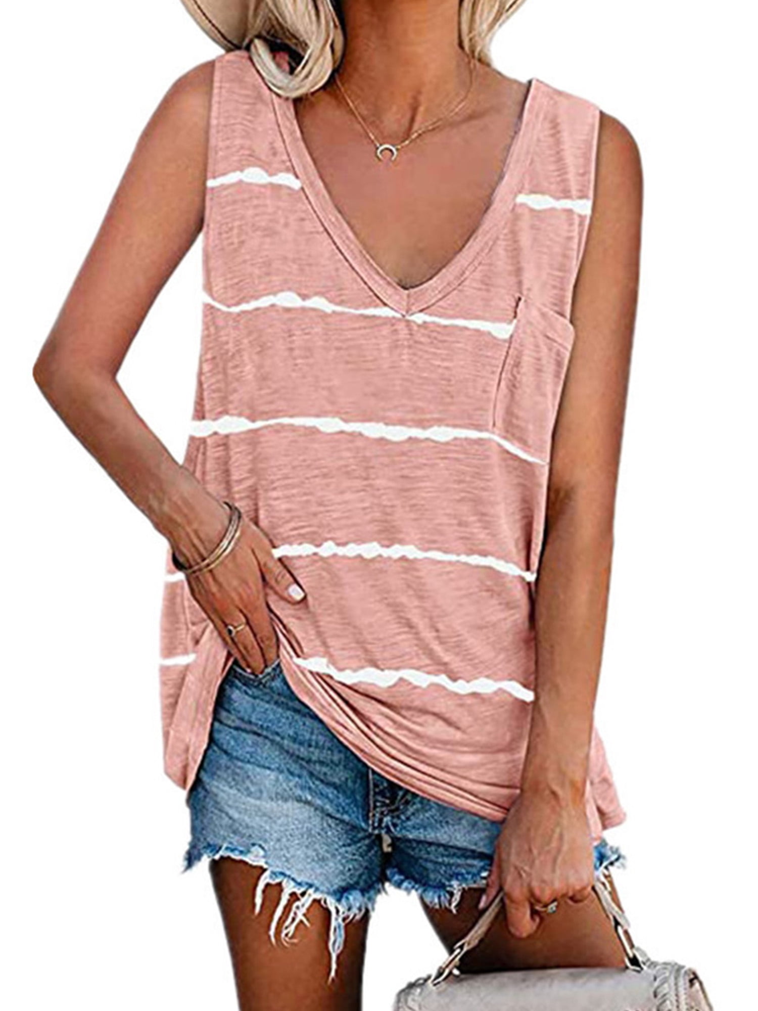 Stripe Printed Tank Tops Women Casual Sleeveless T-Shirts Summer Camis ...