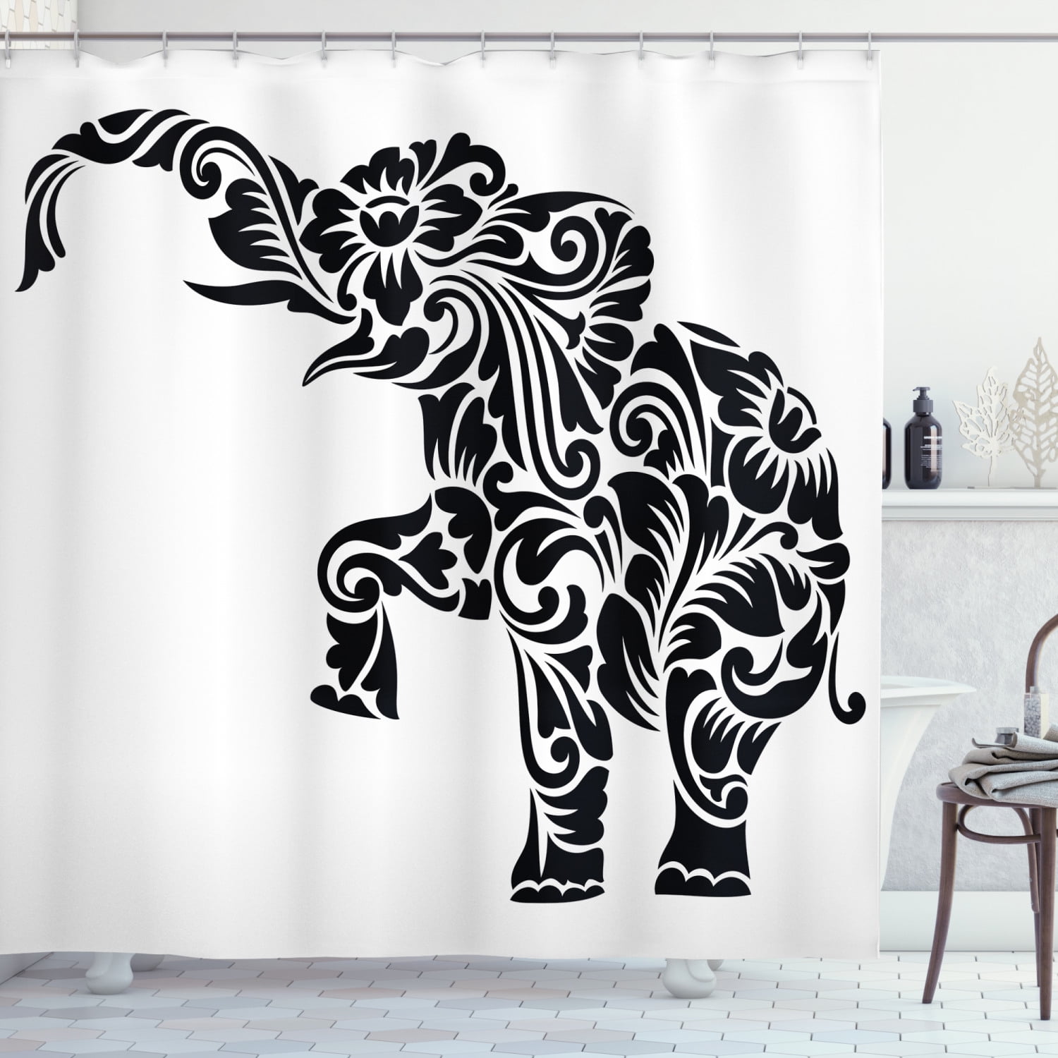 Elephant Shower Curtain, Floral Ornamental Ethnic African Sacred Animal ...