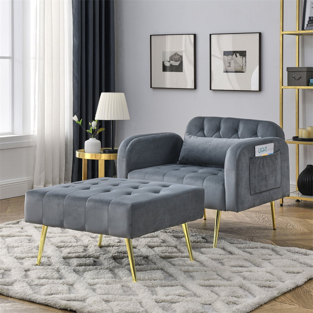 Velvet Accent Chair with Ottoman, Modern Button Tufted Recliner Chair ...