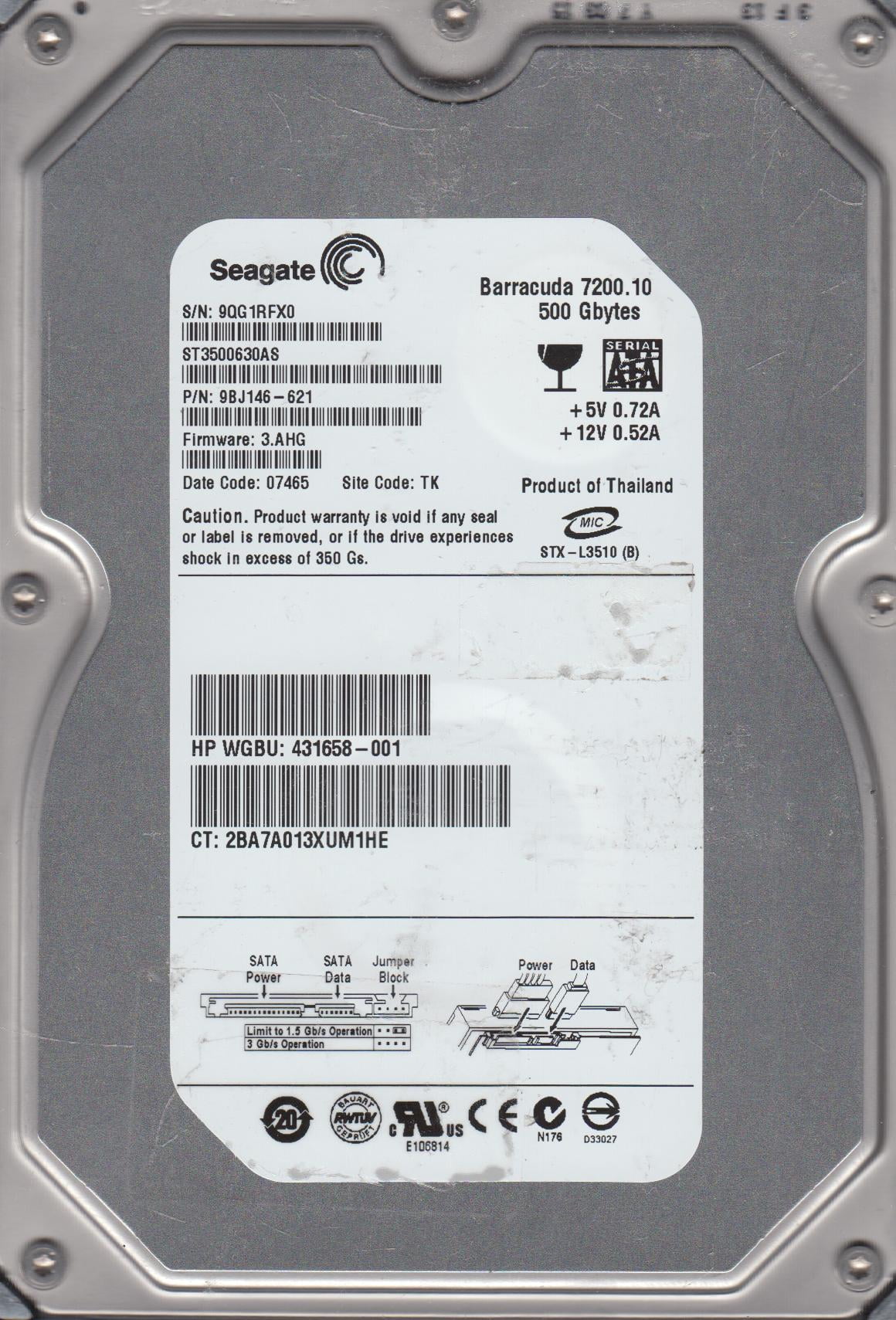 ST3500630AS, 9QG, TK, PN 9BJ146-621, FW 3.AHG, Seagate 500GB SATA 3.5 ...