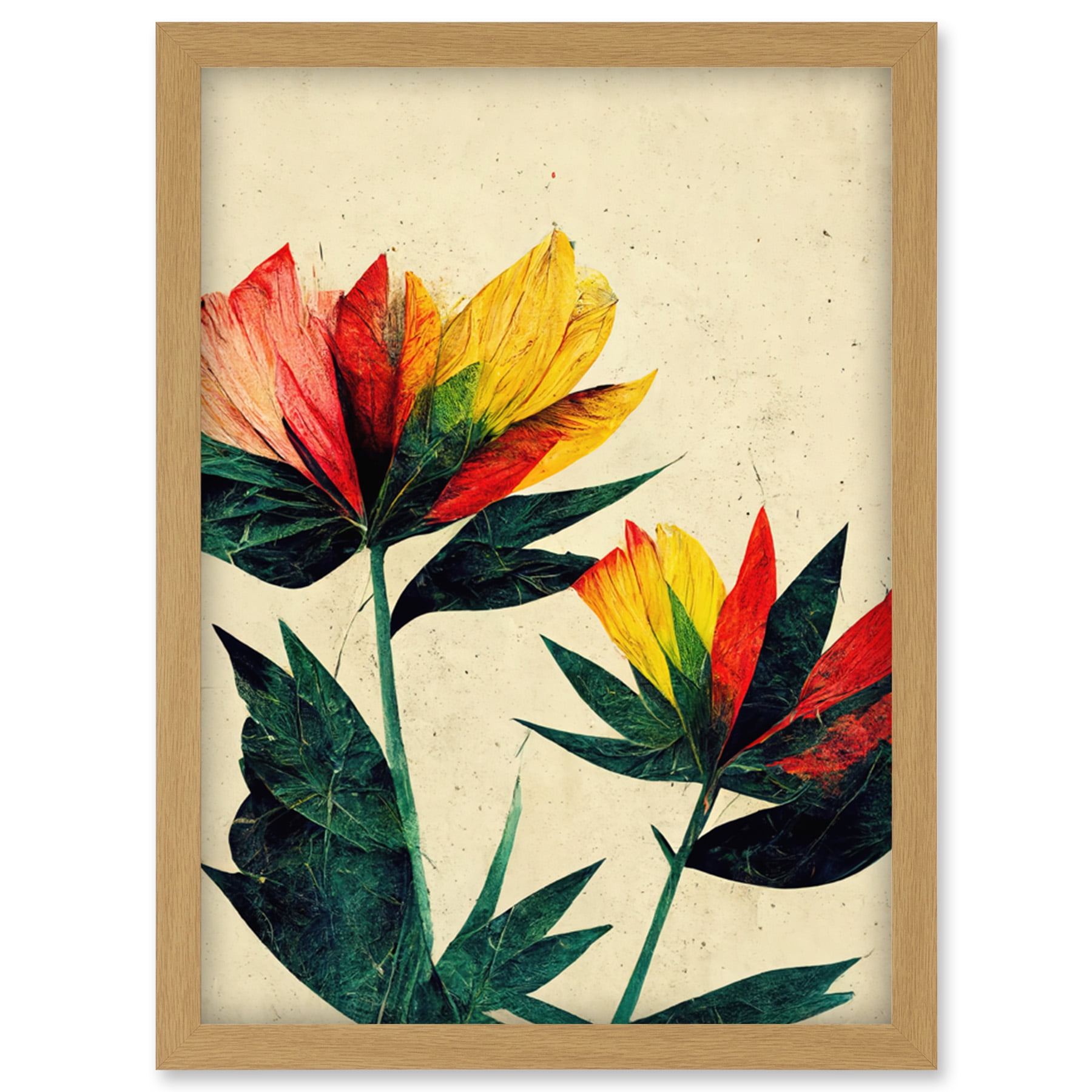 Simple Abstract Floral Painting Red Yellow Green Artwork Framed Wall ...