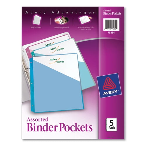 "Binder Pockets, 3-Hole Punched, 9.25 x 11, Assorted Colors, 5/Pack ...