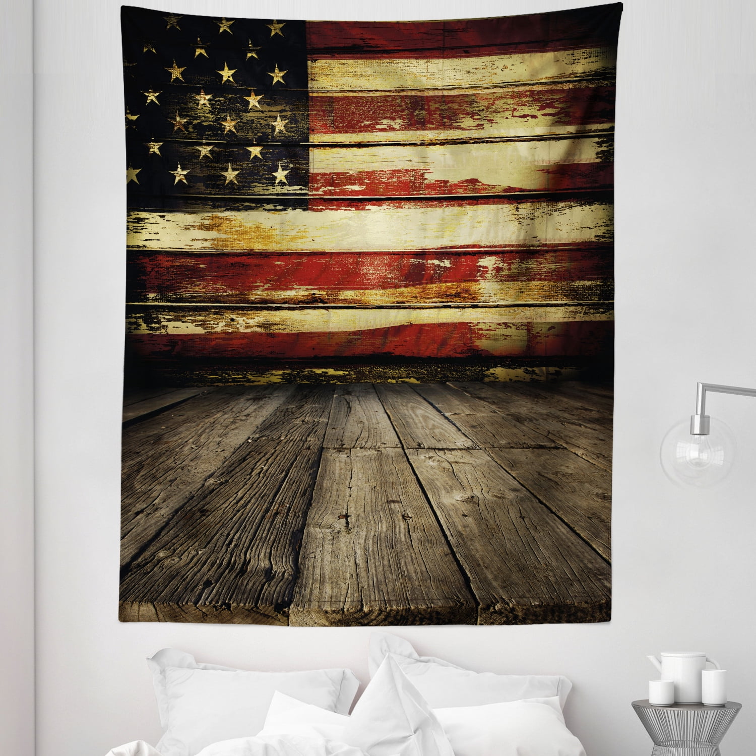 United States Tapestry, Vintage Art American Flag on Wooden Planks Wall ...