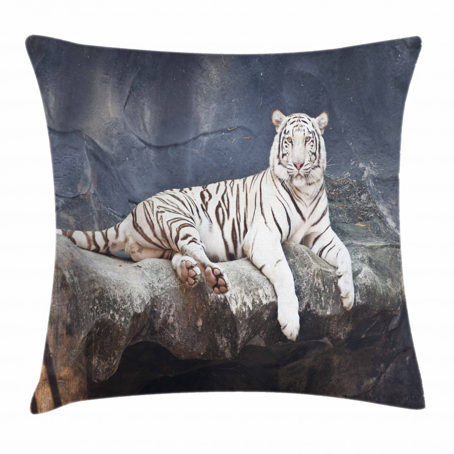 Tiger Throw Pillow Cushion Cover, Albino Cat Sitting on Rock Sublime ...