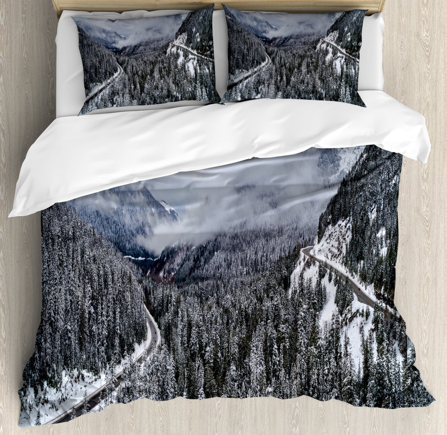 Landscape Duvet Cover Set King Size, Nature Themed Winter Outdoor Scene ...