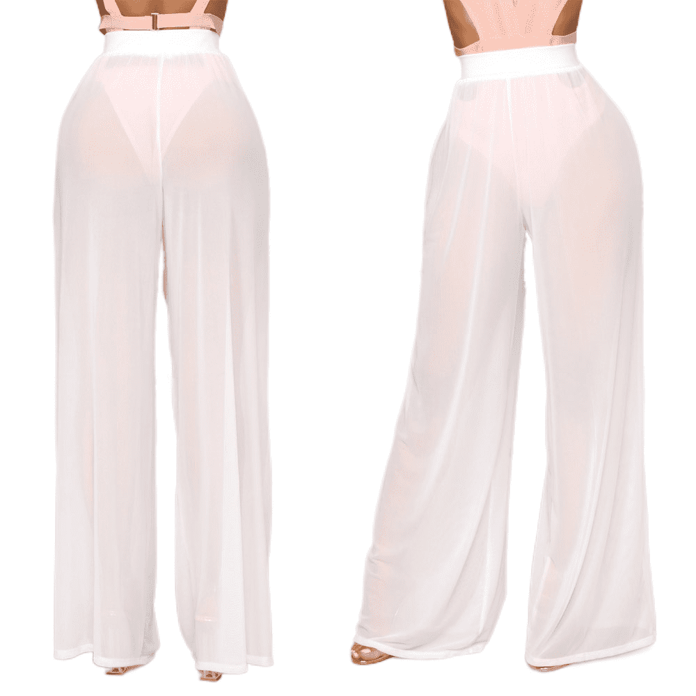 Douhoow Women Wide Leg Mesh Sheer Pants See Through Loose Beach Cover ...