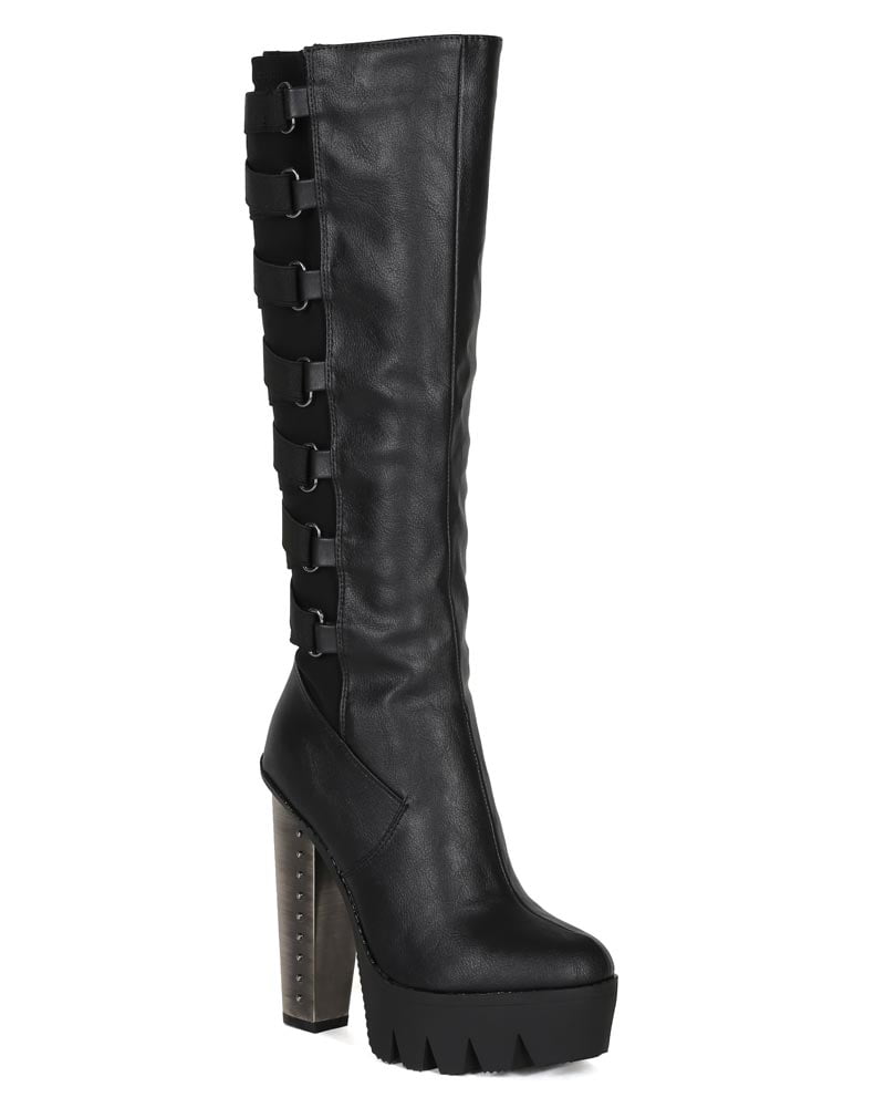 New Women Bumper Vanita-03 Mix Media Lug Sole Strappy Metal Heel Knee ...