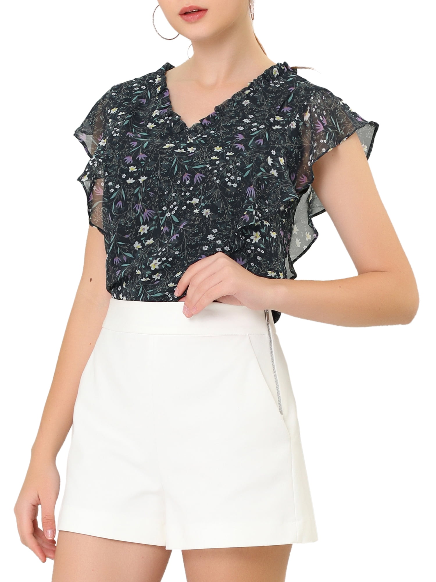 Allegra K Women's Ruffle Floral Casual V Neck Cap Sleeve Summer Tops ...