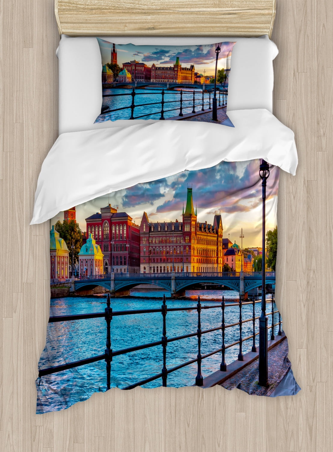 Cityscape Twin Size Duvet Cover Set, Scandinavian Stockholm Old Town ...
