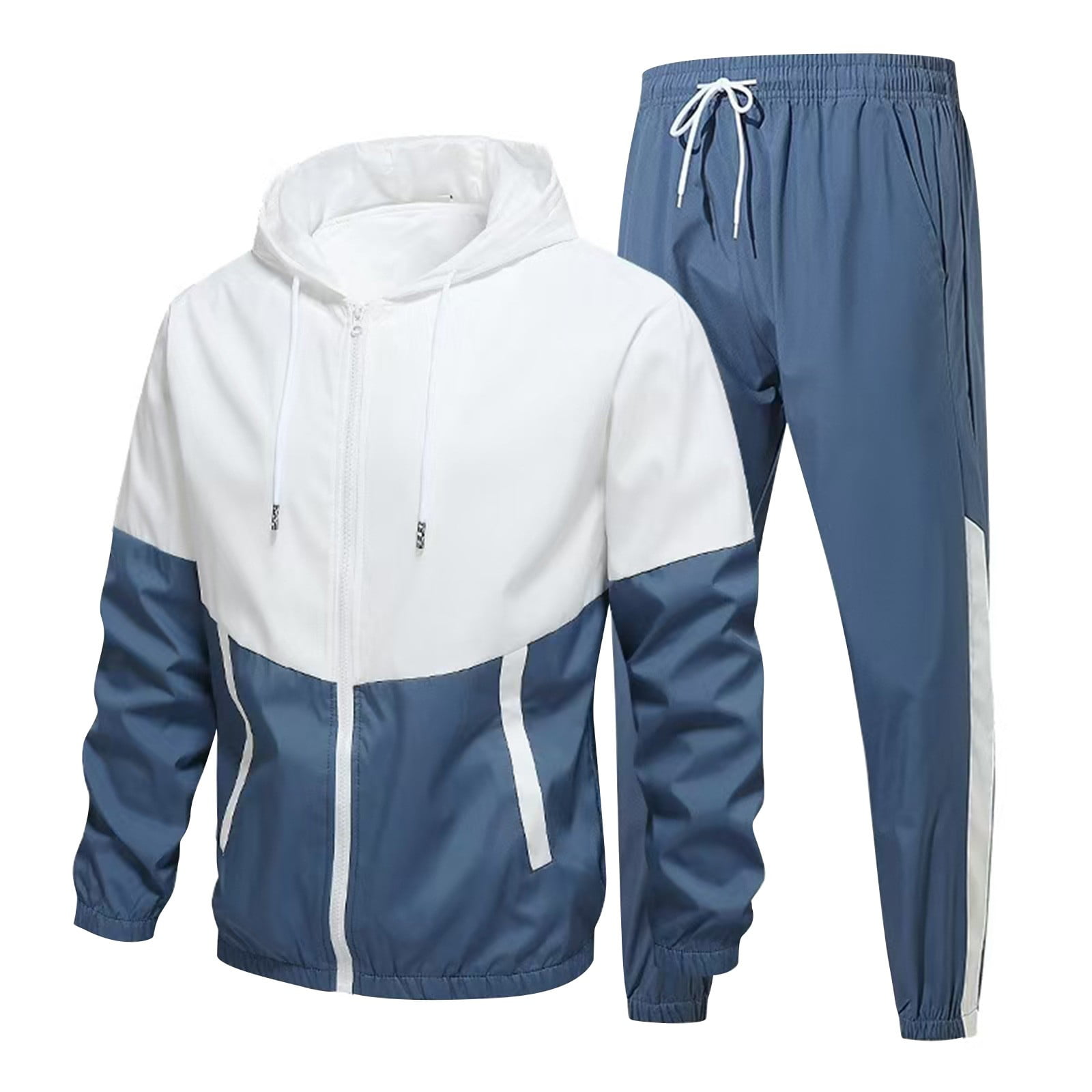 Wrkekc Mens Zipper Front Sweatshirt And Pants Set  Splicing Design Tracksuit For Sports And Casual Wear Blue L