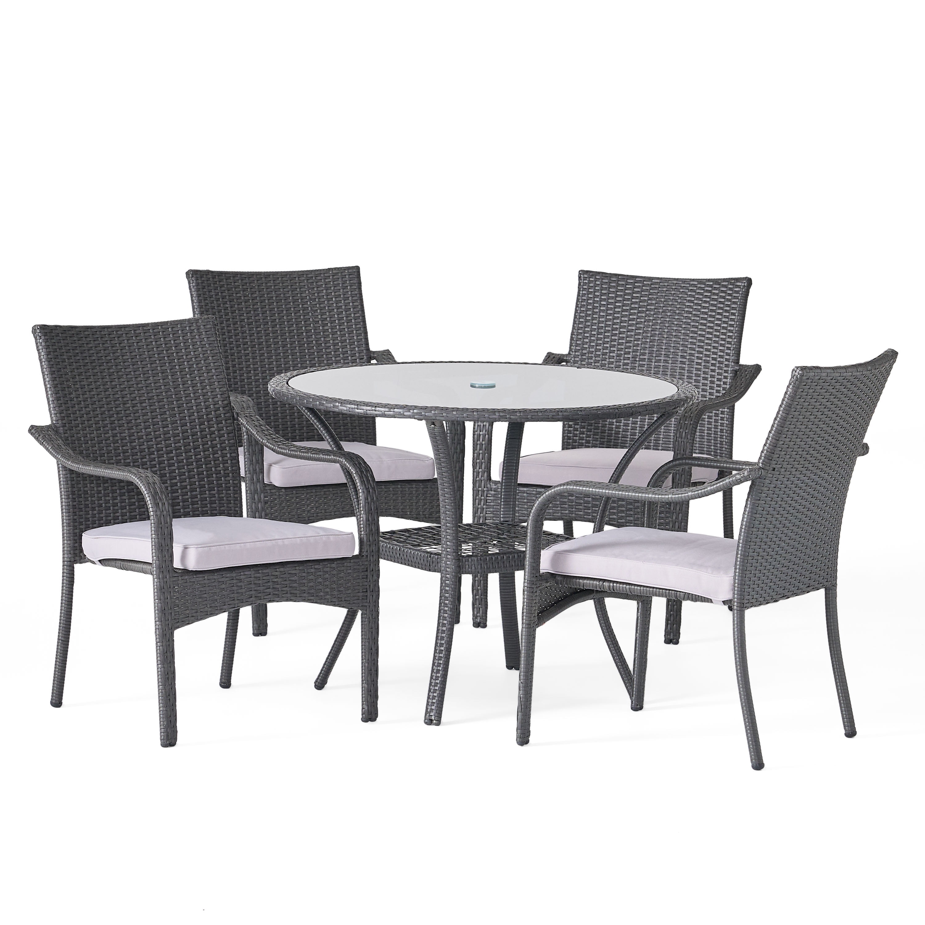 GDF Studio Jeremy Outdoor Wicker 5 Piece Dining Set with Cushion, Gray ...