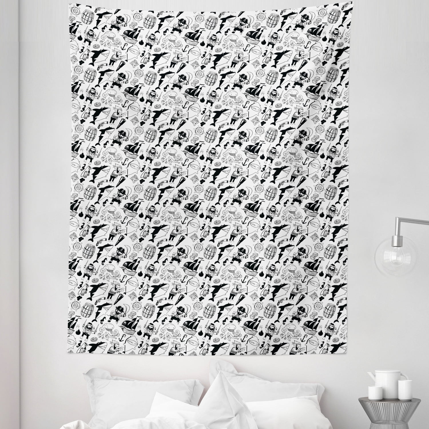 Pirates Tapestry, Black and White Pattern with Buccaneer Characters ...