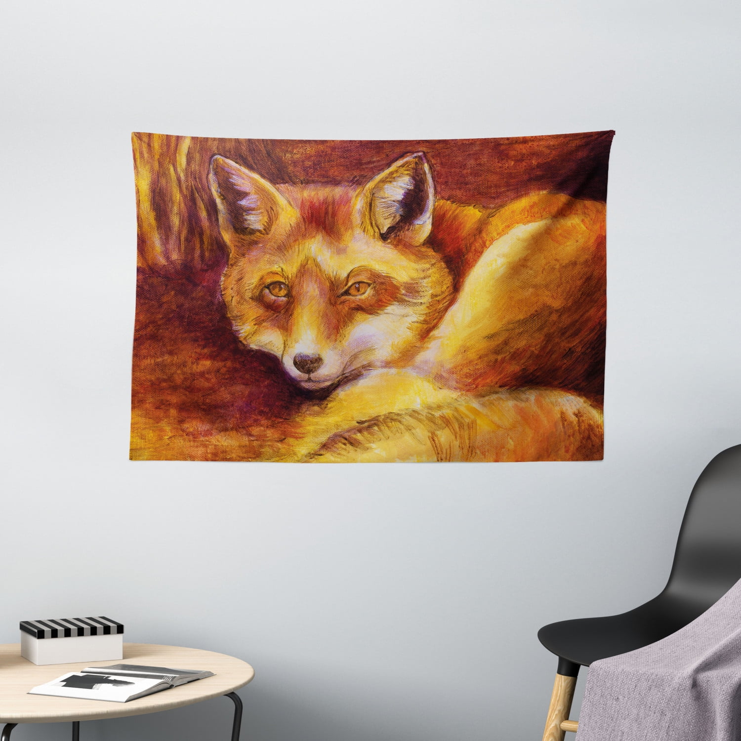 Fox Tapestry, Monochromatic Fox Resting Painting Style Display Vibrant ...