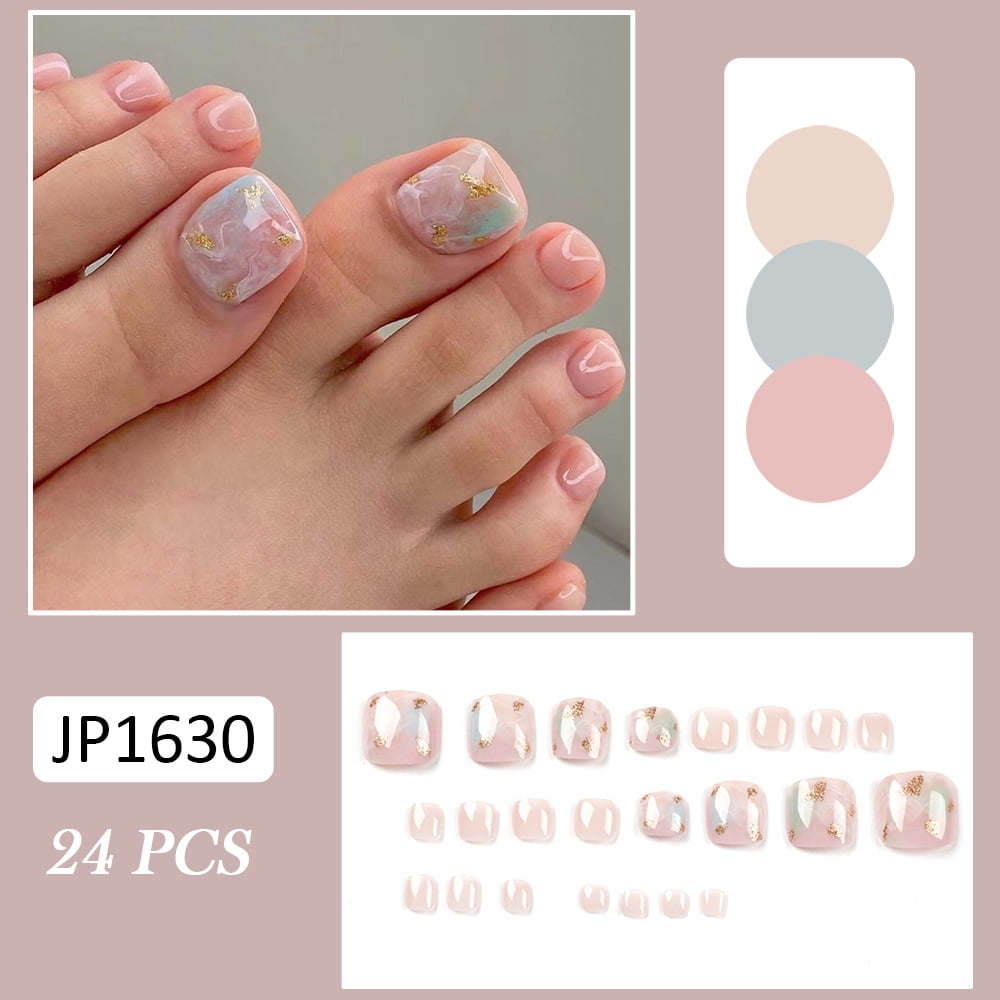24Pcs Glossy False Toenails Pink Green Wearable Fake Nails For Women ...