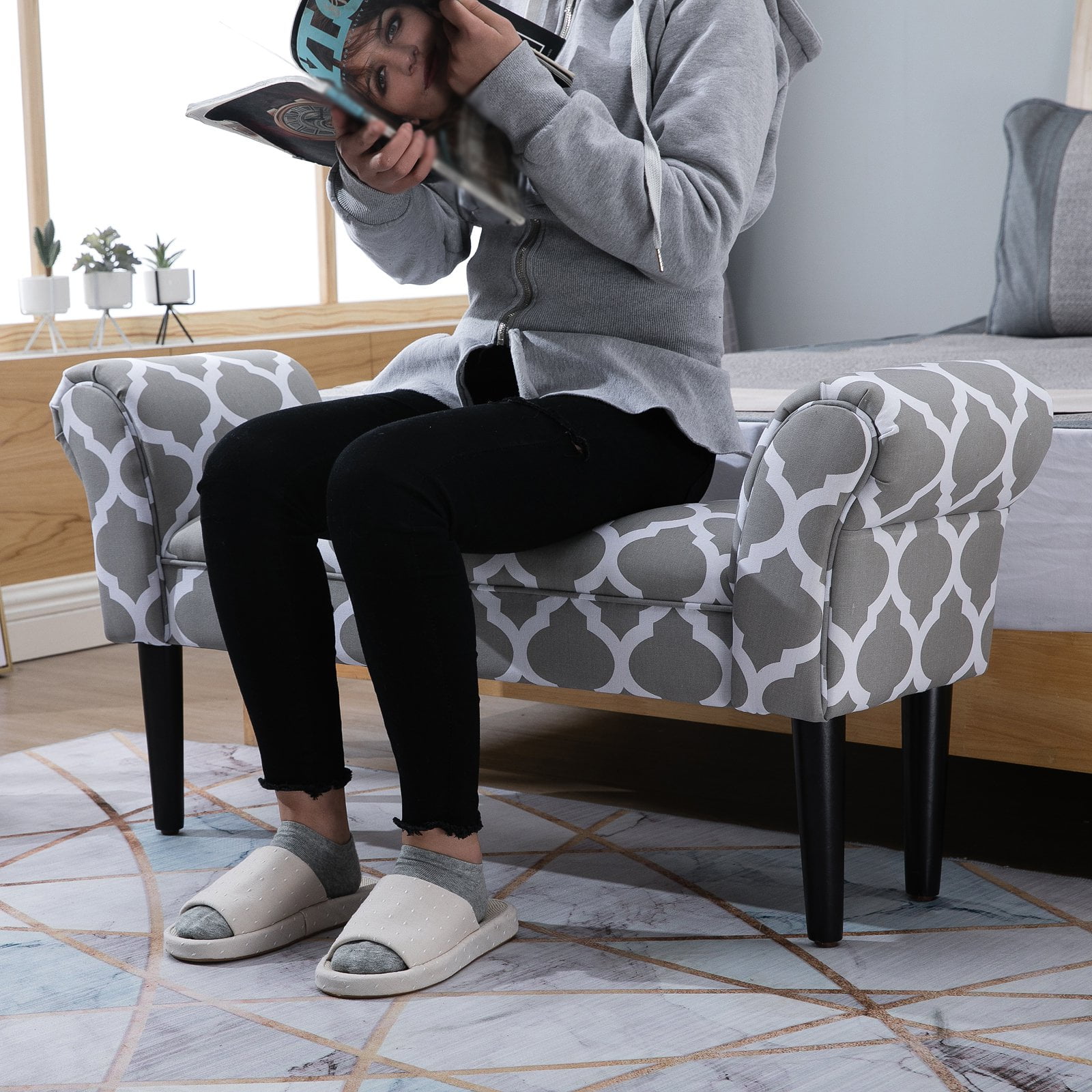 40” Deluxe Fabric Bed Bench Bedside Bench Footstool with Arms End of ...