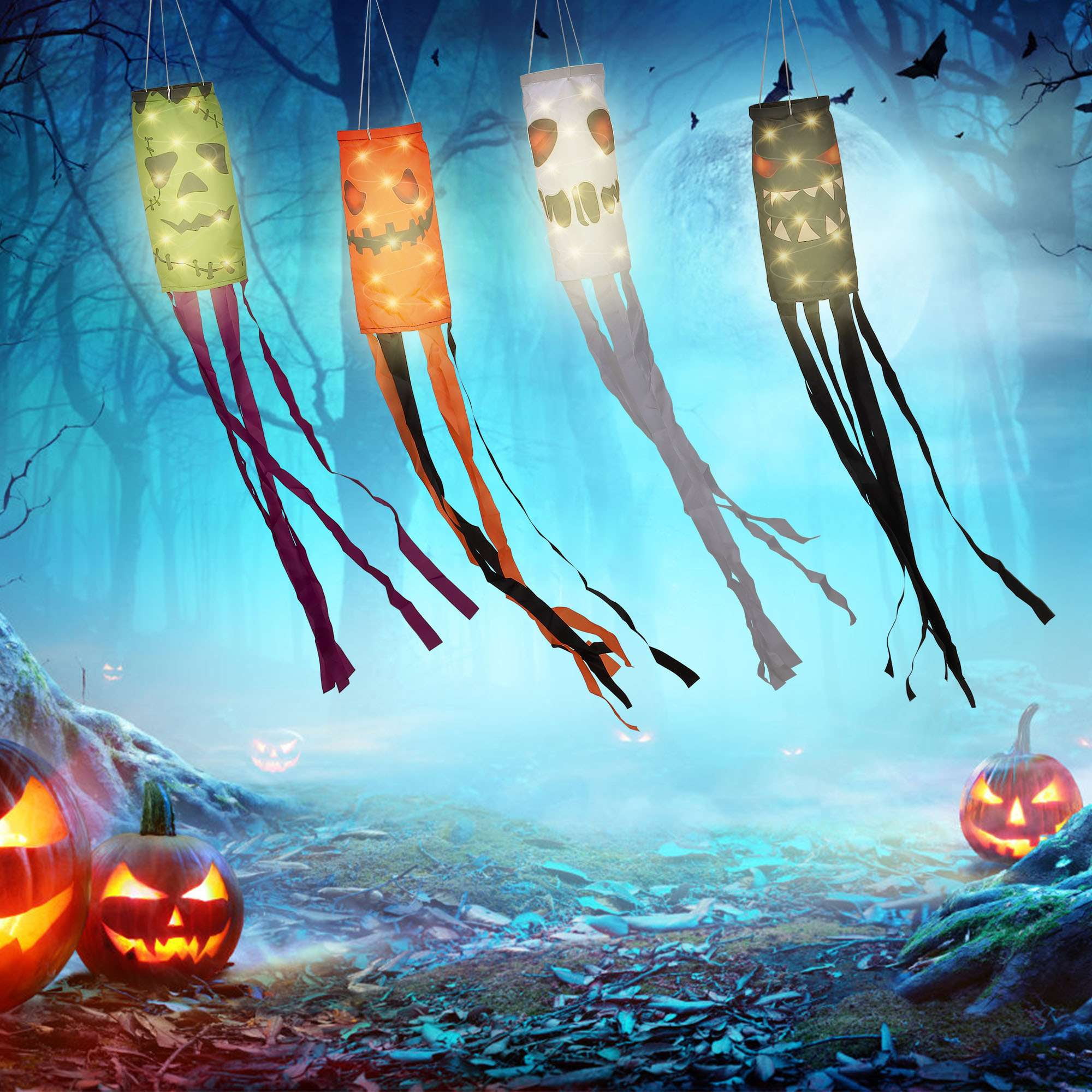 Spencer 2pcs Halloween Pumpkin Ghost Windsocks Flag Decor with LED ...