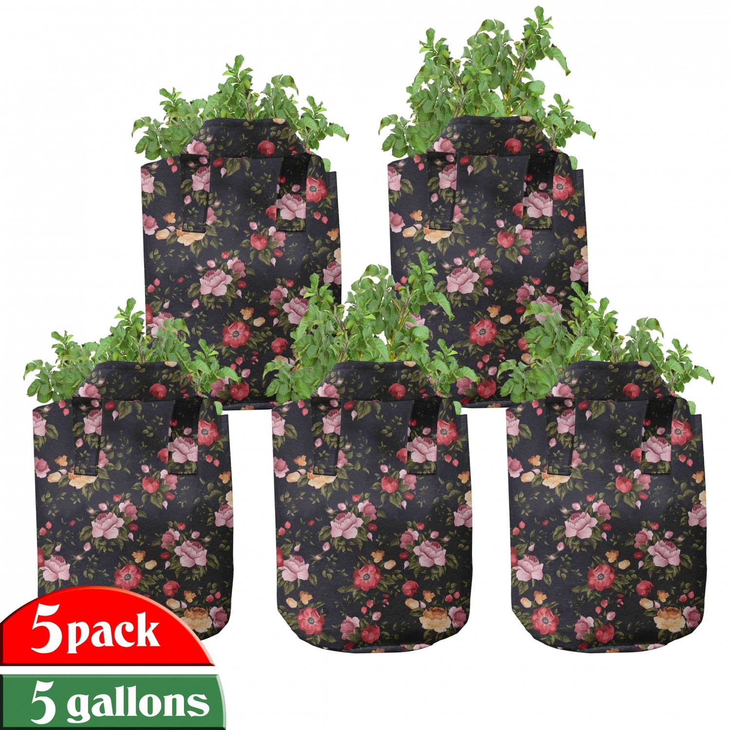 Watercolor Grow Bags 5-Pack, Vintage Rose Garden, Heavyduty Fabric Pots ...