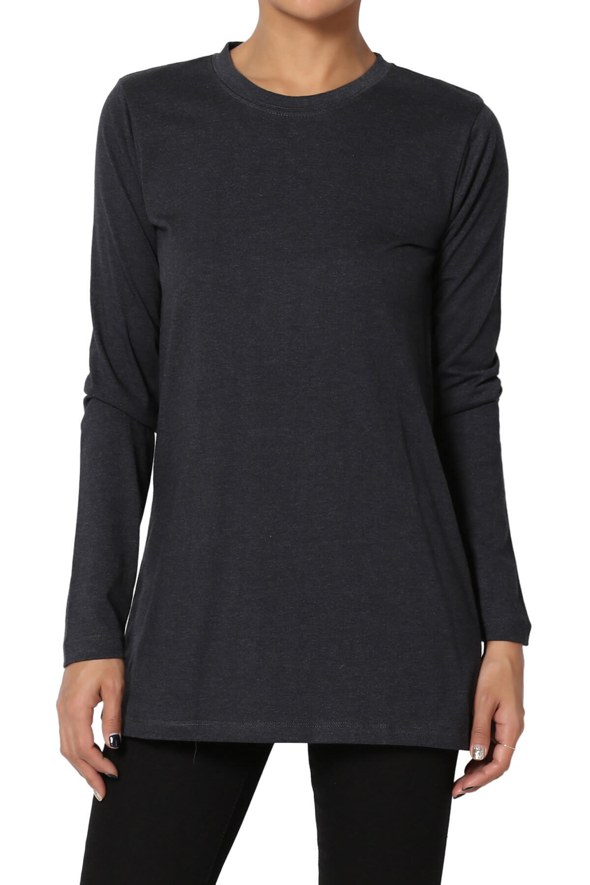 Women's Basic Round Crew Neck Long Sleeve T-Shirt Stretch Cotton Slim ...