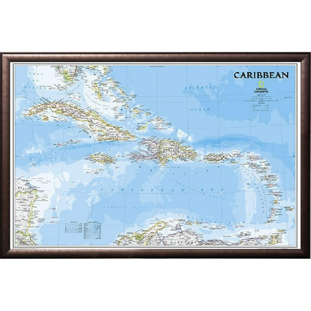 FRAMED National Geographic Caribbean Push Pin Map 24x36 in Real Wood ...