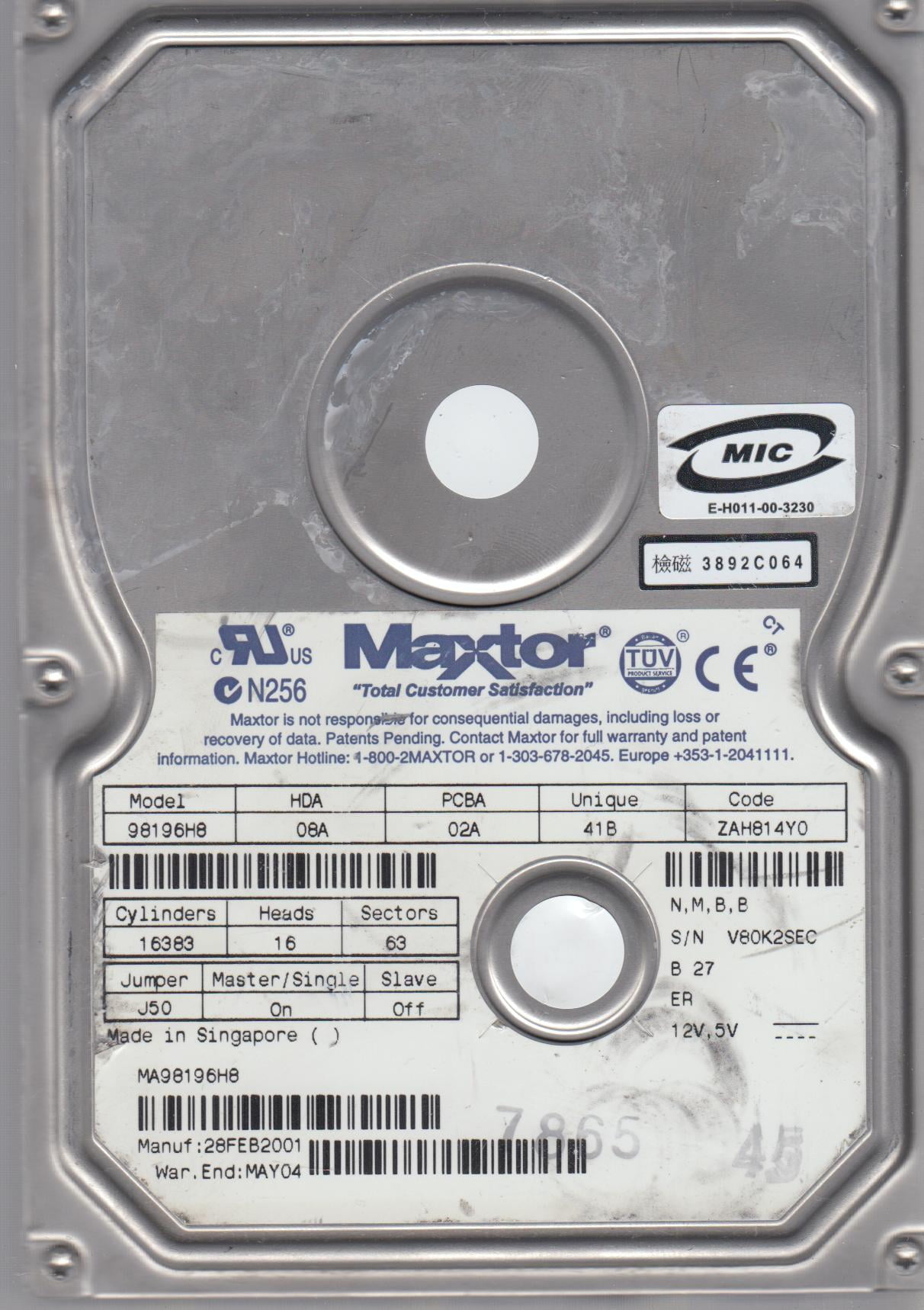 98196H8, Code ZAH814Y0, NMBB, Maxtor 80GB IDE 3.5 Hard Drive - Walmart.com