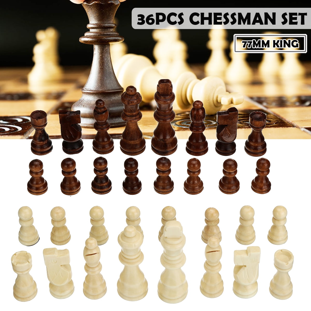 32 PCS Wooden Carved Chess Pieces Hand Crafted Set Traditional Game Kit ...