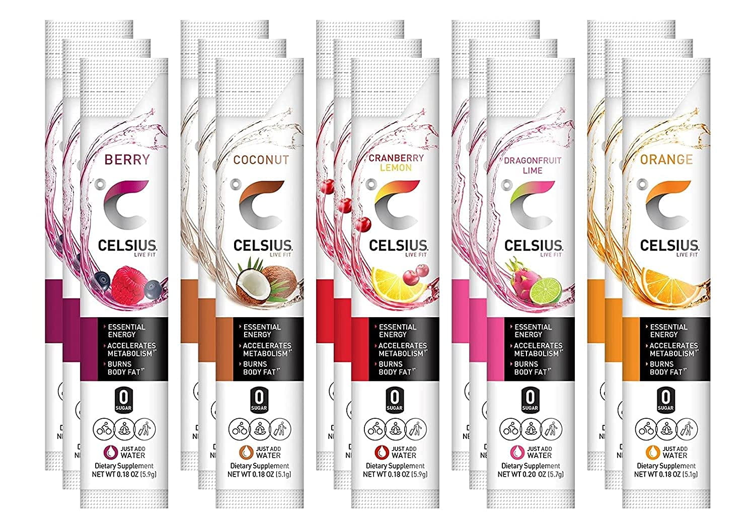 Celsius On-The-Go Powder Sticks - 5 Flavor Variety Pack | Berry, Orange ...