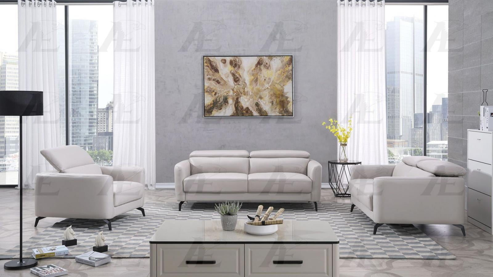 Modern Light Gray Genuine Leather Sofa Set 3 Pcs American Eagle EK155 ...