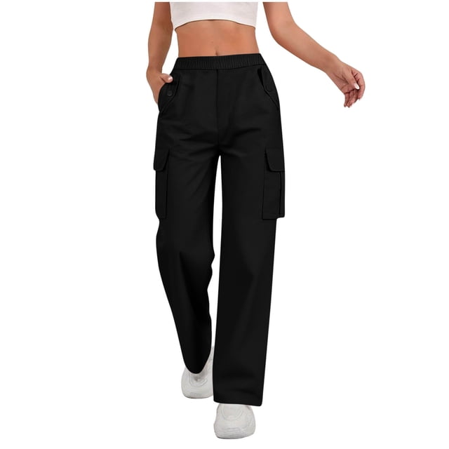 Ecqkame Womens Cargo Pants Solid Color High Waist Straight Leg Trousers ...