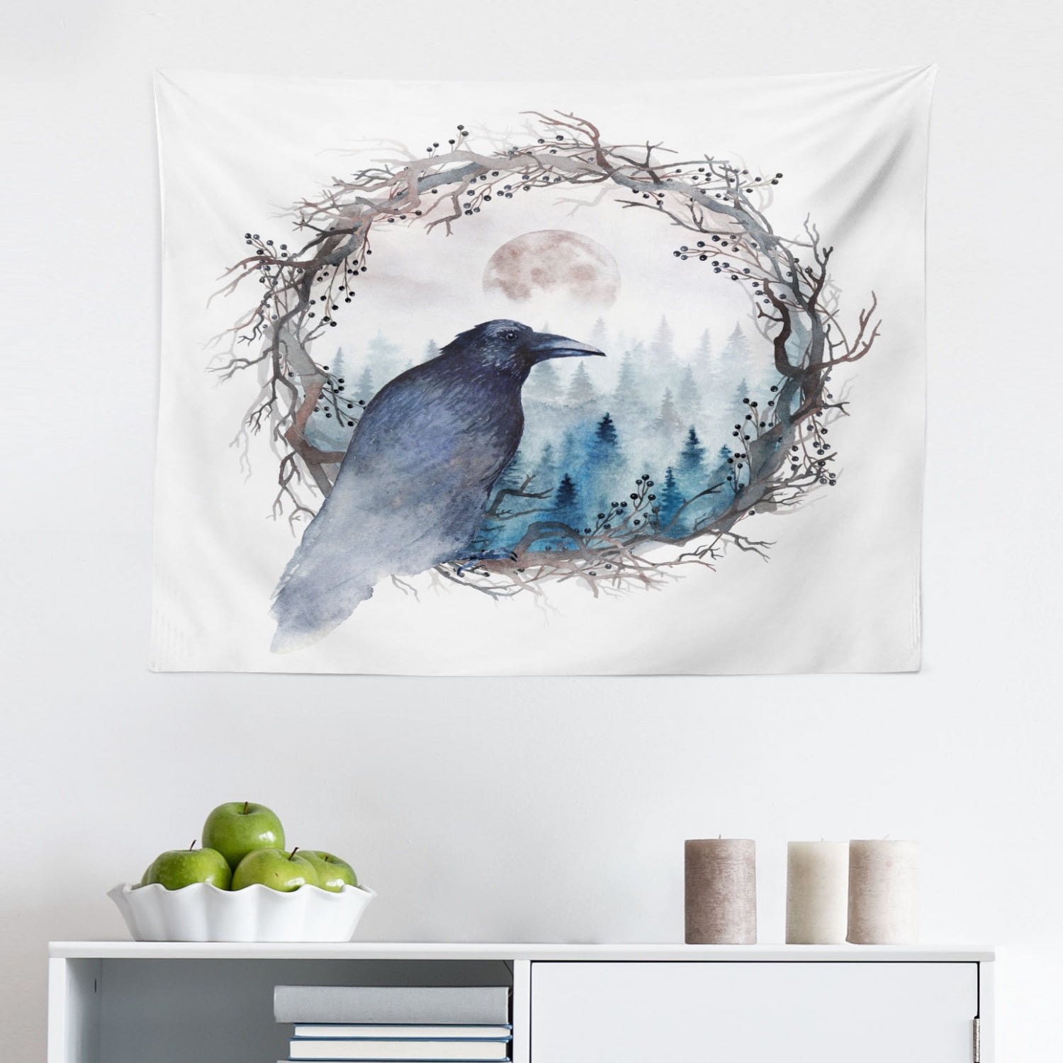 Black Crow Tapestry, Stained Glass Style Illustration of Bird Flying in ...