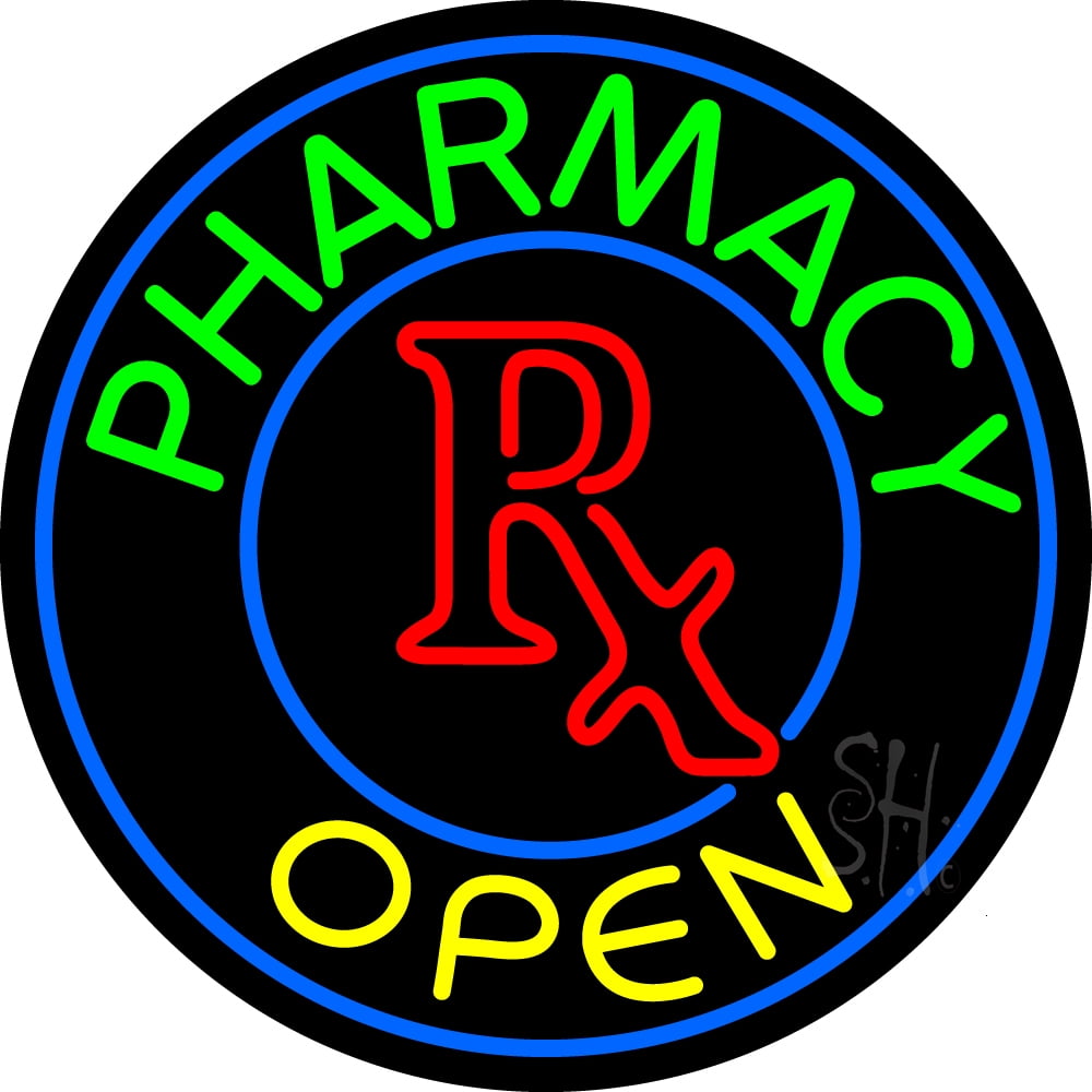 Round Pharmacy Logo Open LED Neon Sign 26 x 26 - inches, Black Square ...