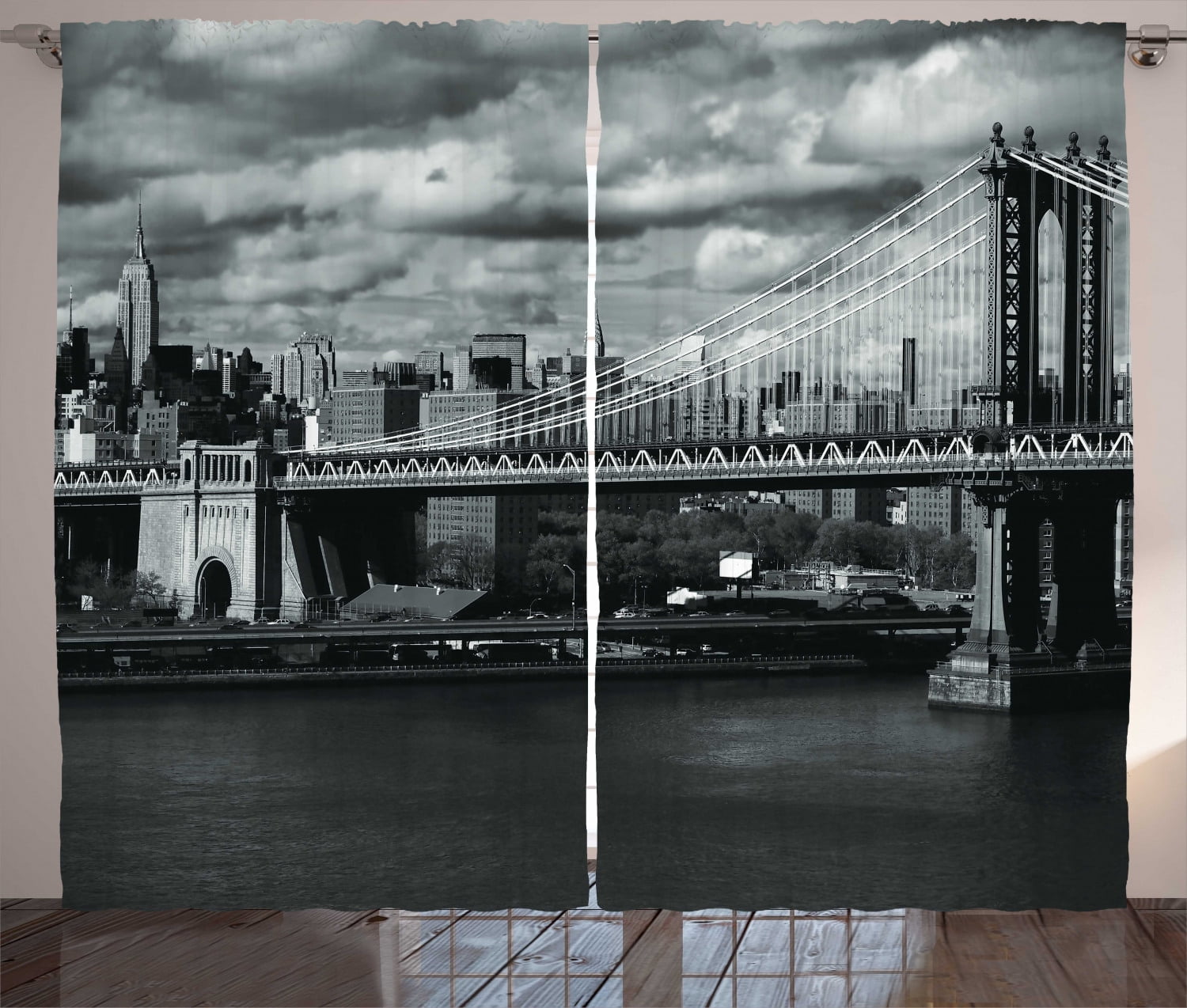 New York Curtains 2 Panels Set, Black and White Panorama of New York ...