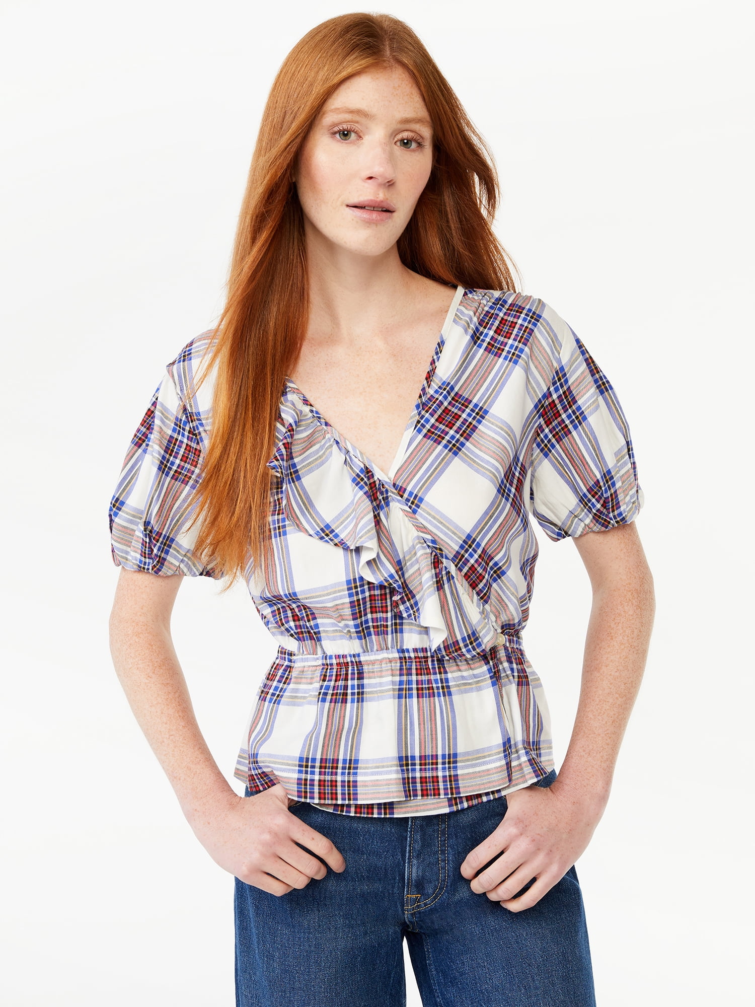 Free Assembly Women's Ruffle Wrap Top with Short Sleeves - Walmart.com