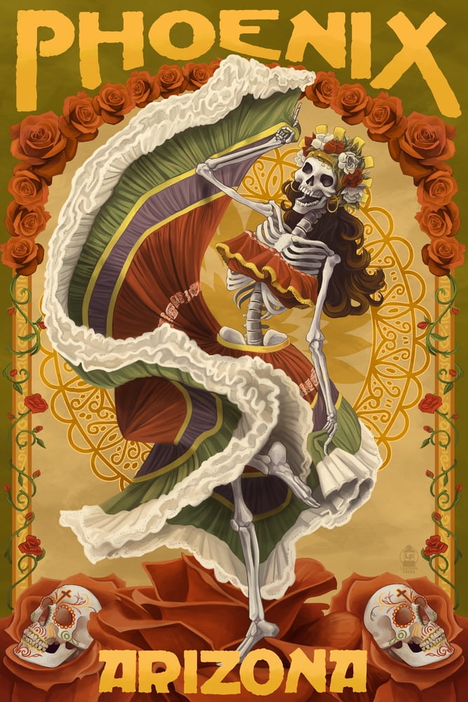 Phoenix, Arizona, Day of the Dead Dancing Skeleton (12x18 Wall Art ...