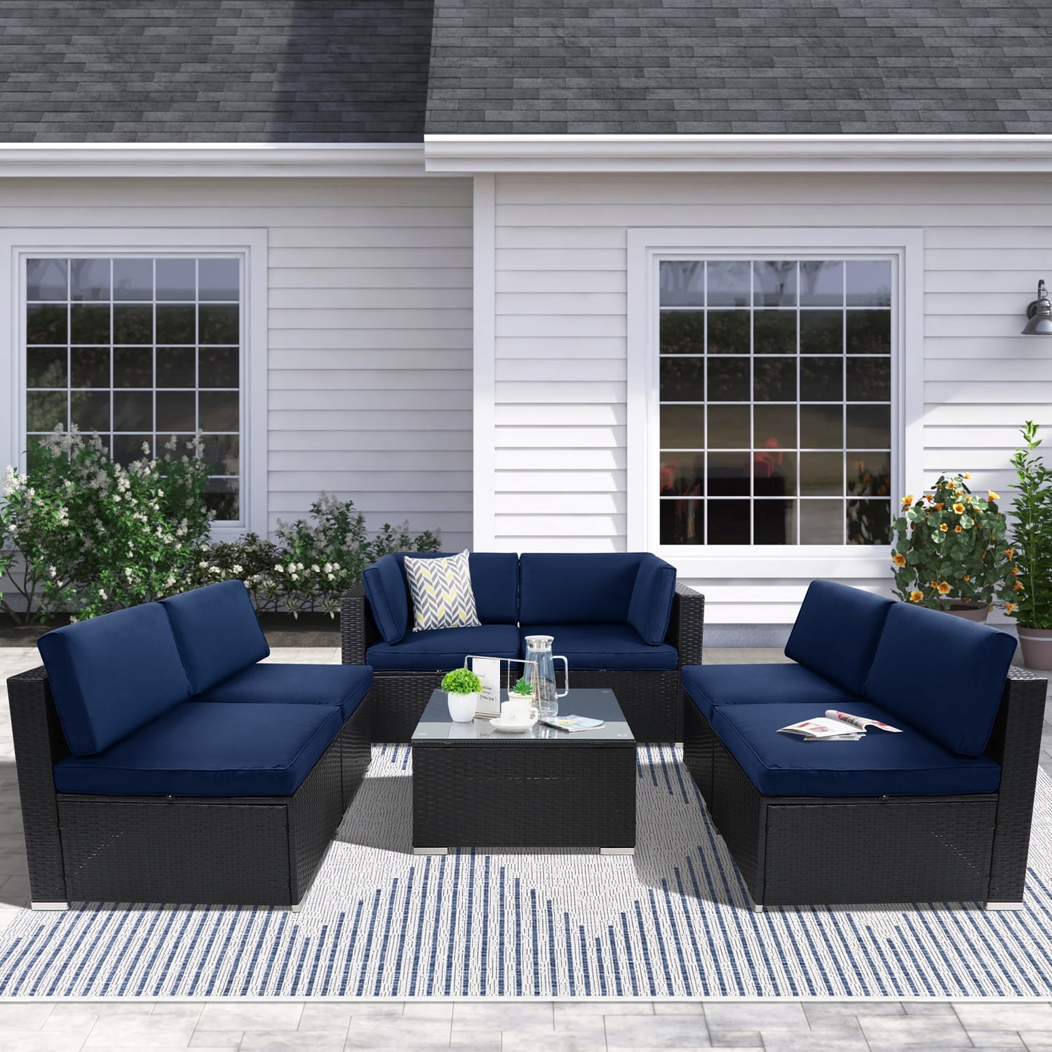 SOLAURA 7-Piece Outdoor Patio Furniture Set Wicker Rattan Sectional ...