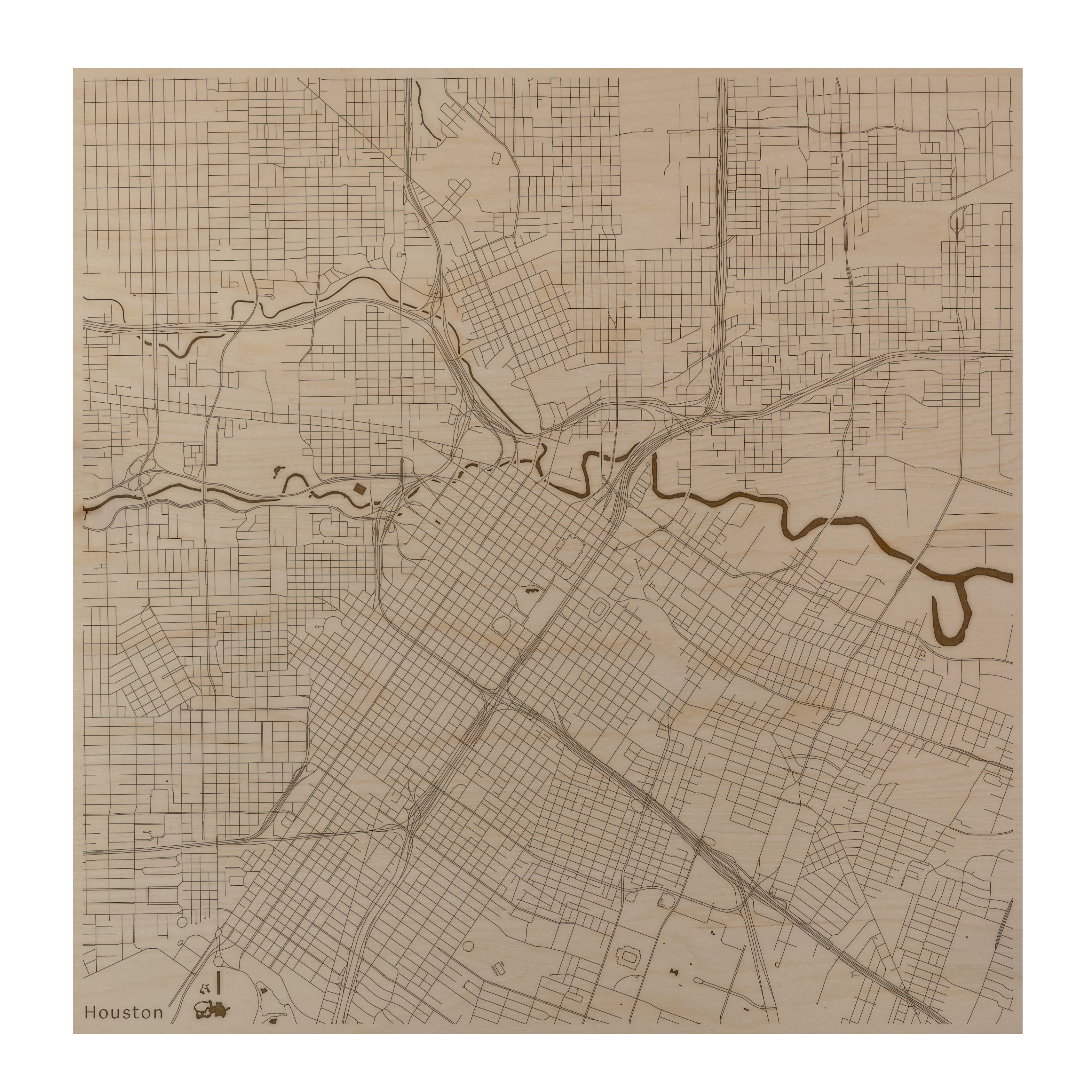 Houston Texas 24"x24" Birch Wood Laser Etched City Map Wall Art Office ...
