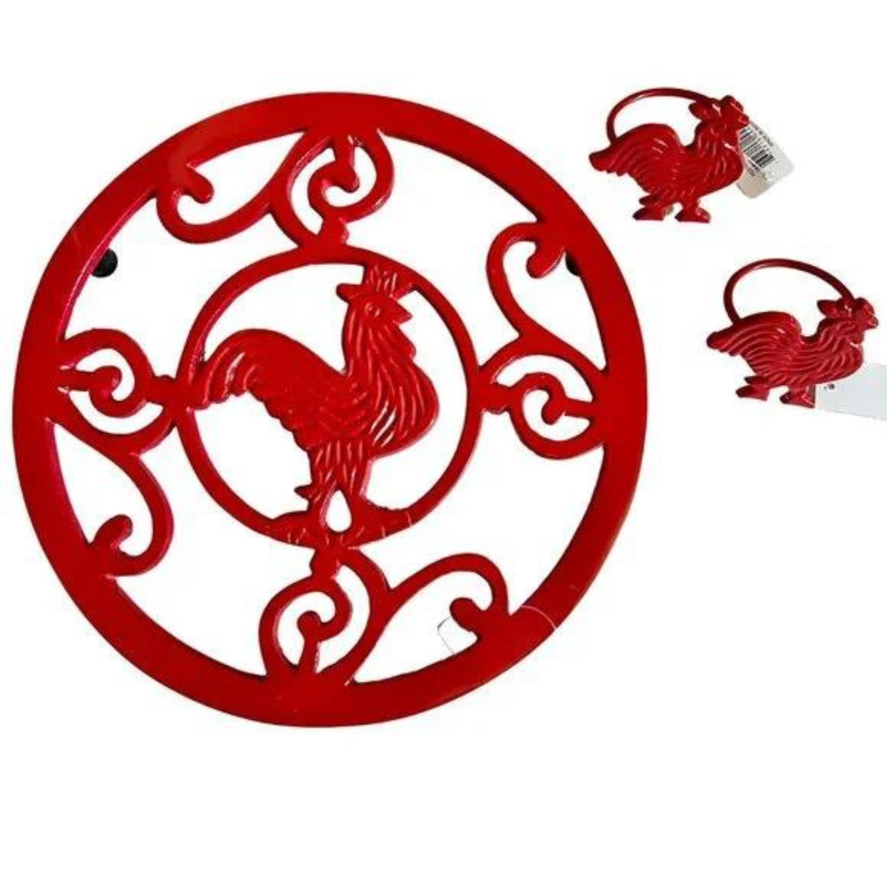Design Imports Red Rooster Trivet & 2 Matching Rooster Napkin Rings ...
