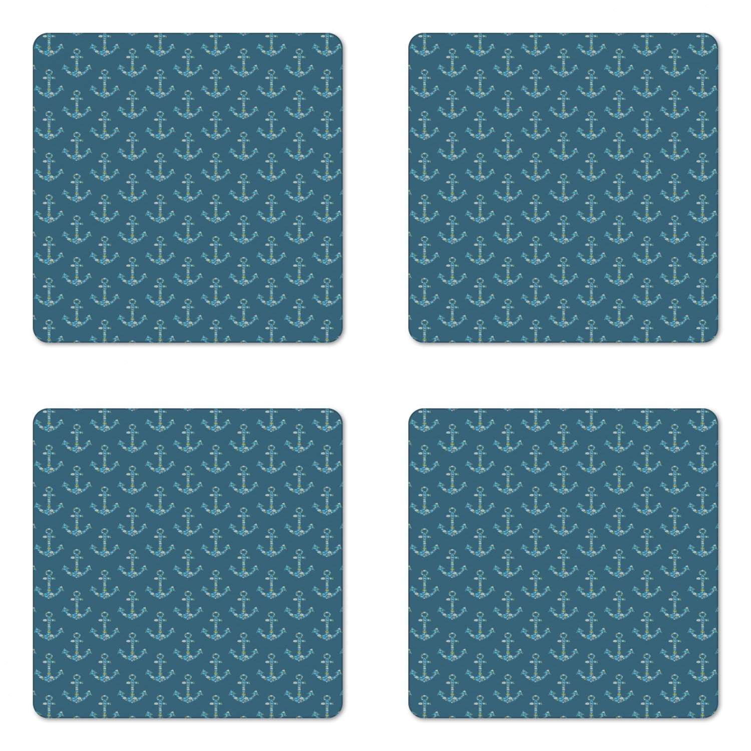 Anchor Coaster Set of 4, Anchors with Maritime Fishes Underwater Sea ...