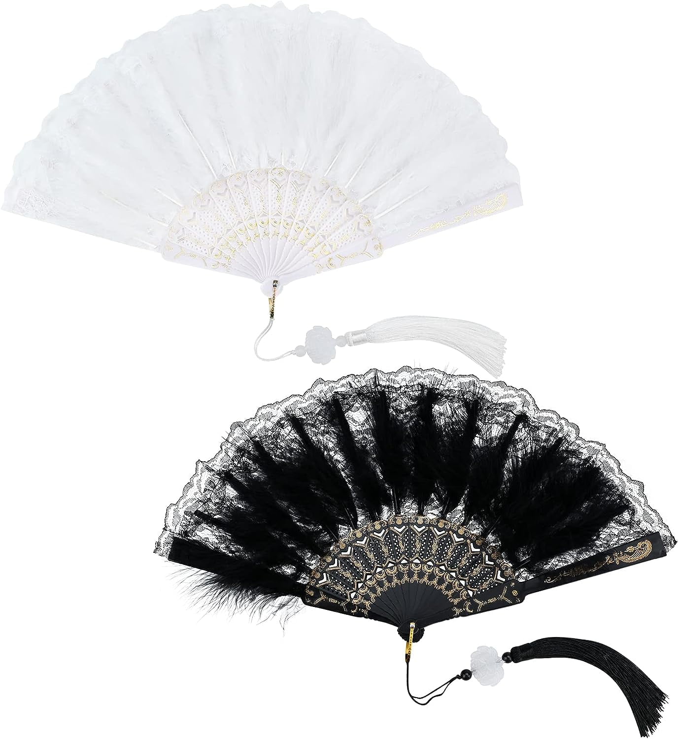 LINLIN Folding Handheld Fan 1920s Marabou Feather Fan With Pendent,Lace ...