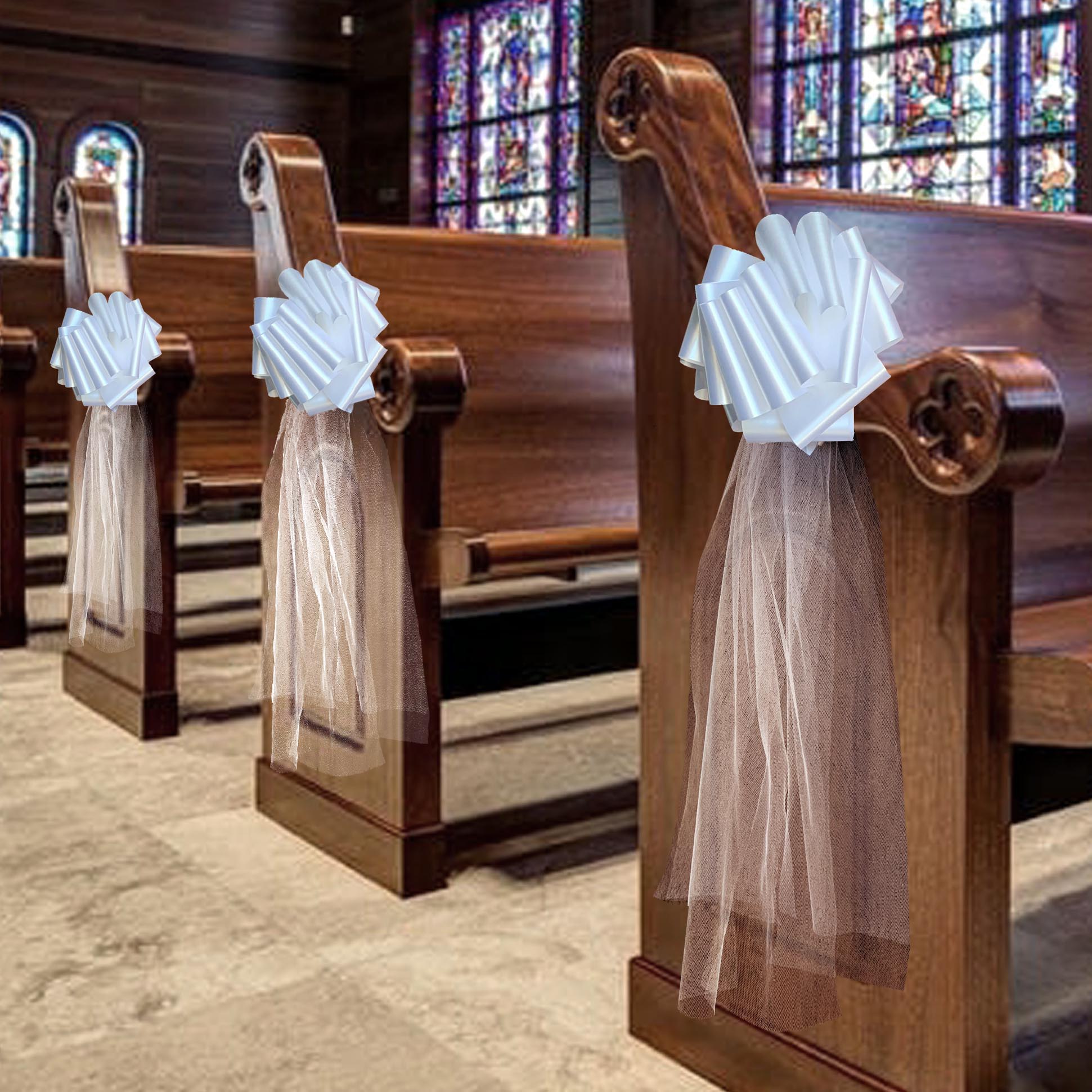 Assembled White Wedding Pew Bows - 8" Wide, Set of 4, Tulle Tails ...