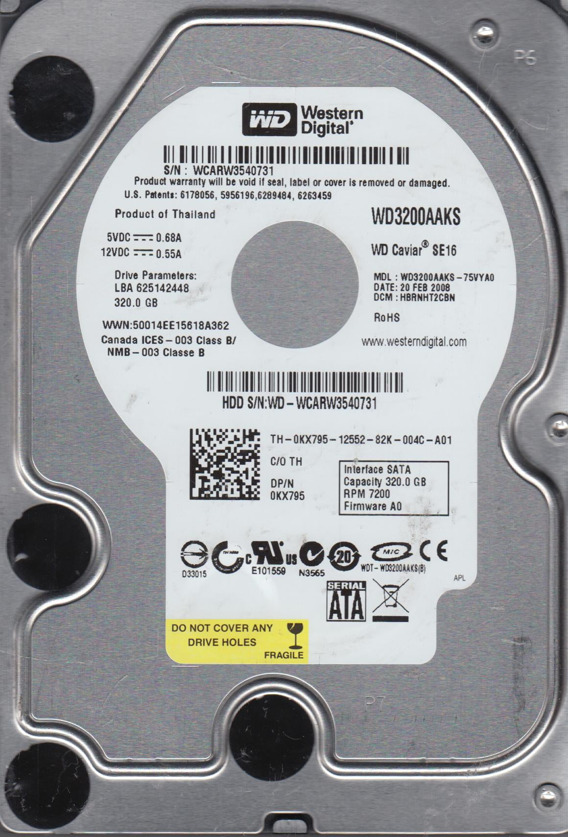 WD3200AAKS-75VYA0, DCM HBRNHT2CBN, Western Digital 320GB SATA 3.5 Hard ...