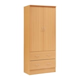 Hodedah Two Door Wardrobe with Two Drawers and Hanging Rod, Beech ...