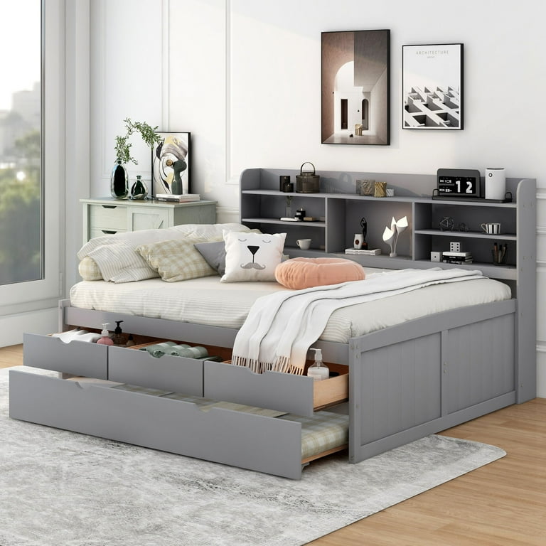 Full Size Wooden Captain Bed Daybed with Built in Bookshelves Three Storage Drawers and Trundle Grey