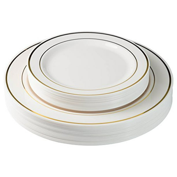Crown Display 60 Pcs Ivory & Gold Plastic Disposable Dinnerware Set Combo - Wedding & Party - 30 ...