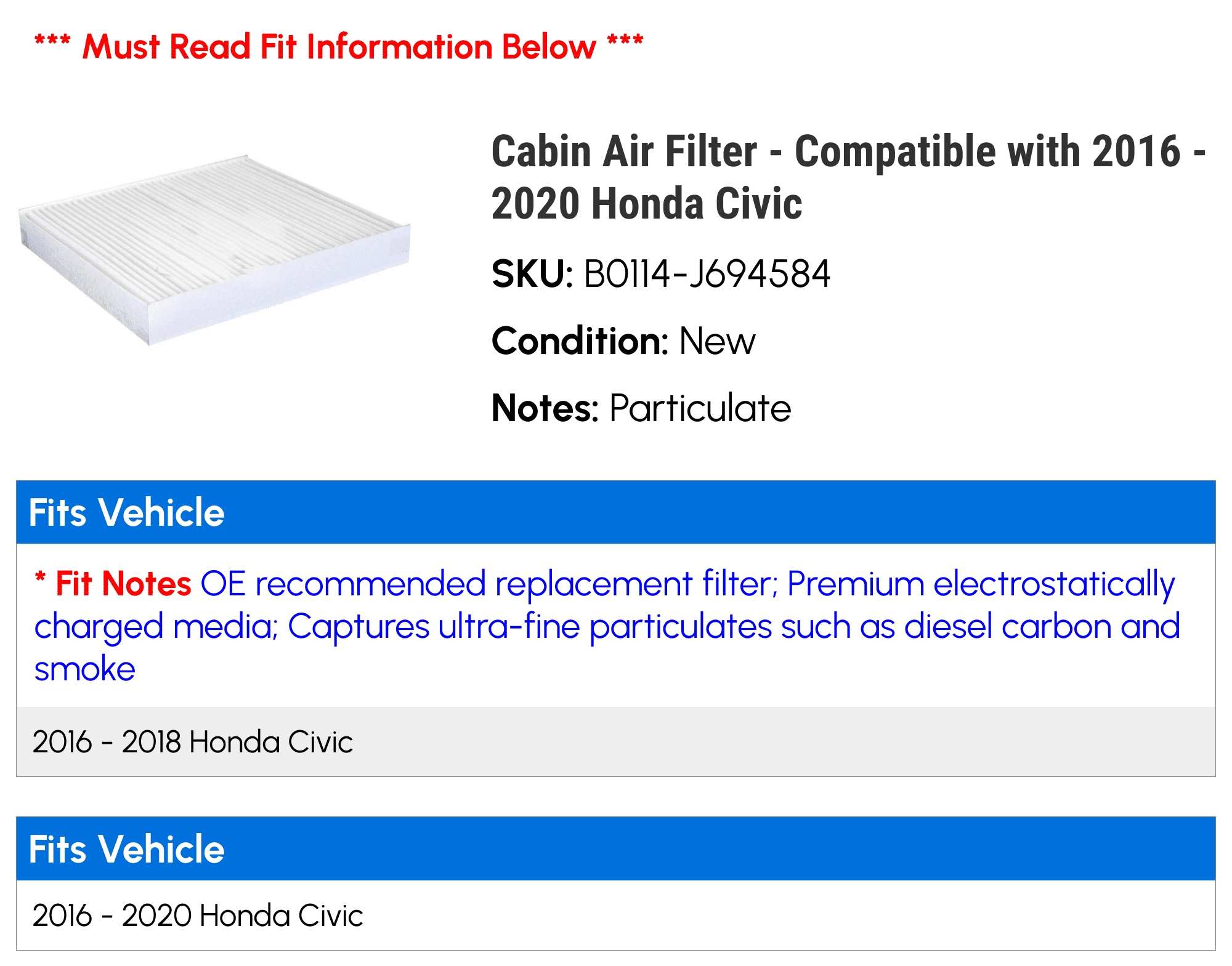 Cabin Air Filter Compatible with 2016 2020 Honda Civic 2017 2018 2019 Walmart