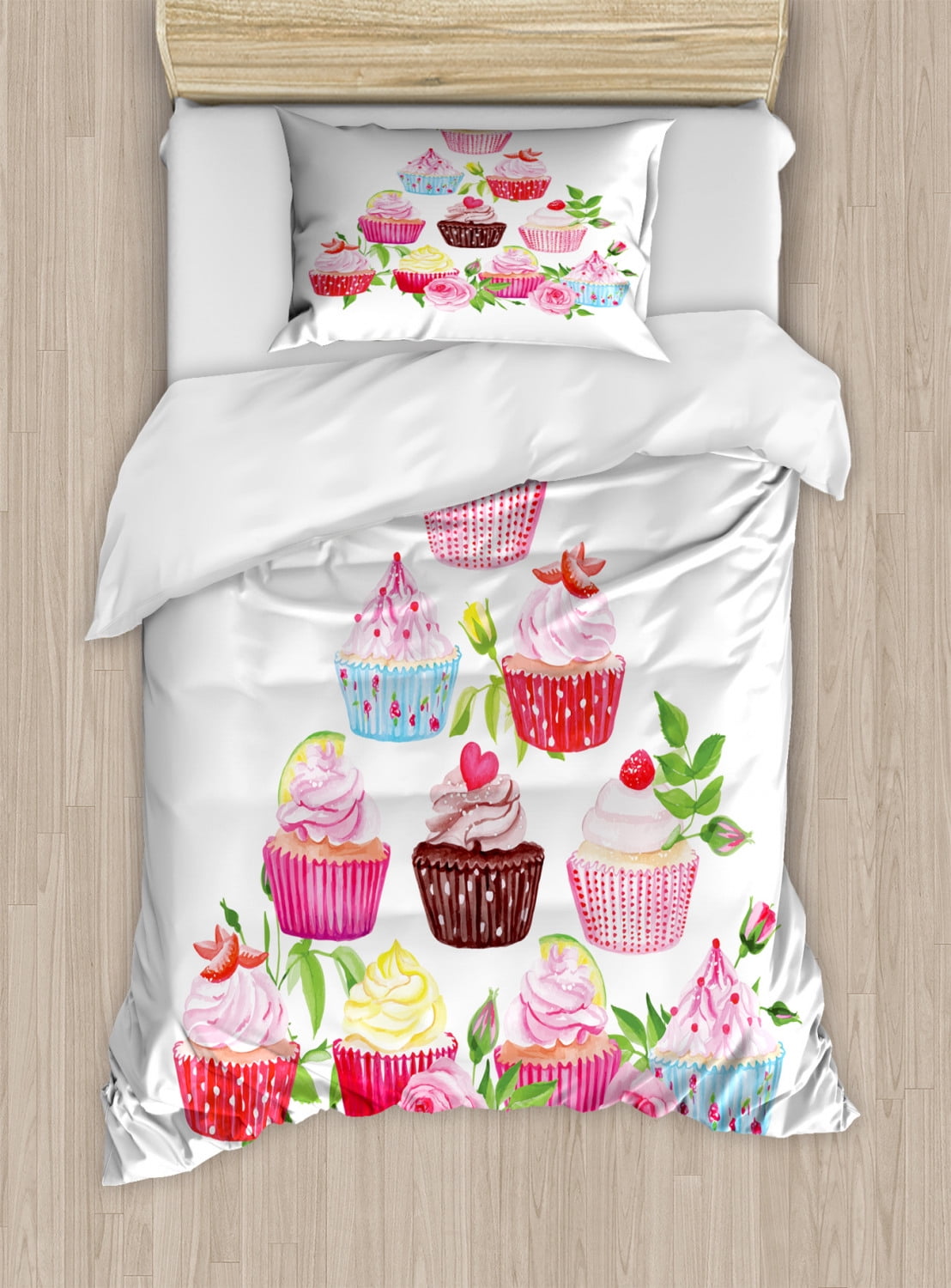 Dessert Twin Size Duvet Cover Set, Pyramid of Cupcakes with Polka Dot ...